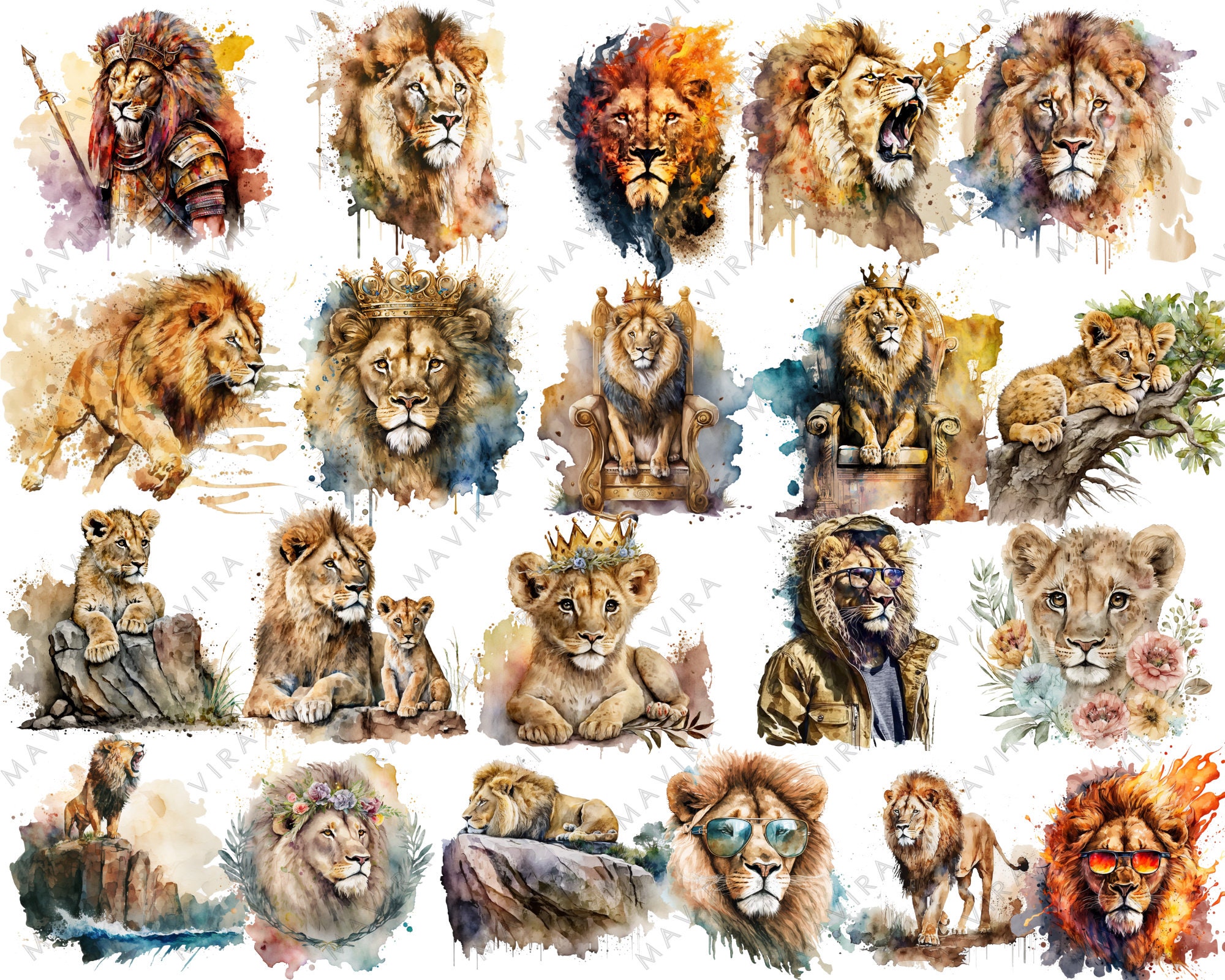 Watercolor Lion Clipart Cute African Lions and Cubs PNG Format Instant ...