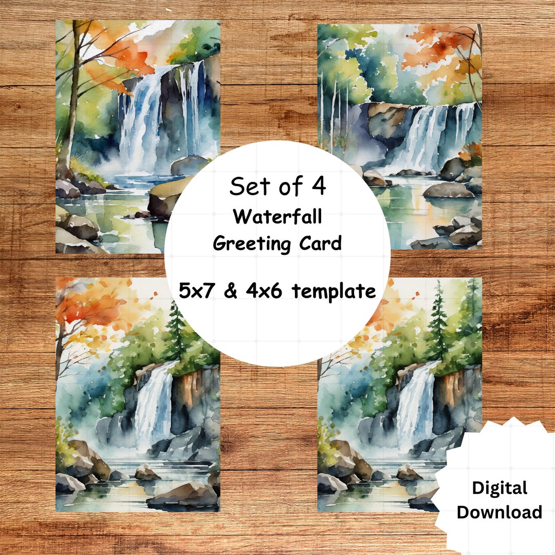 Watercolor Waterfall Cards Printable 5x7 & 4x6 Notecard Set, Nature ...