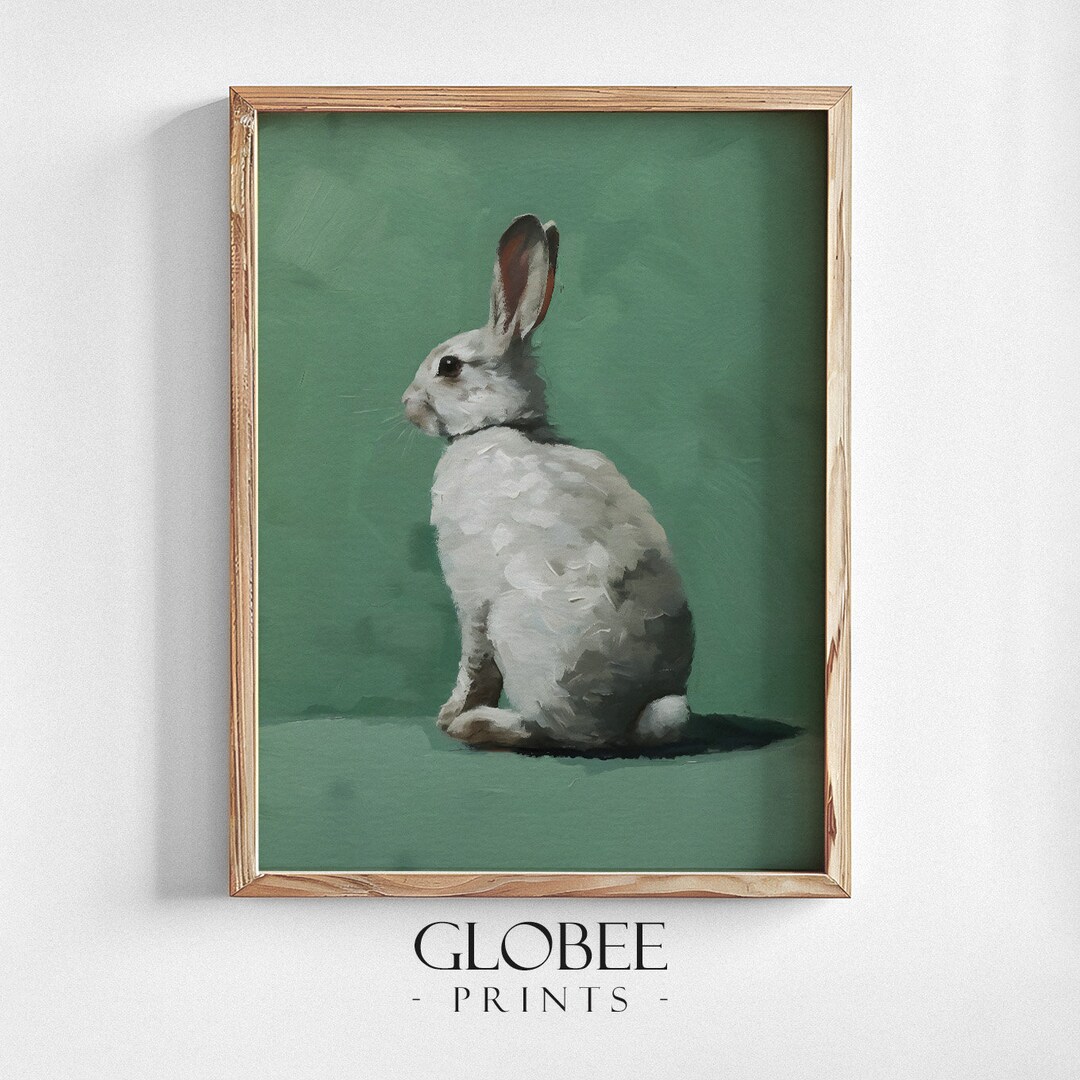 White Bunny Painting on Green Backdrop Spring Rabbits Fine Art Vintage ...