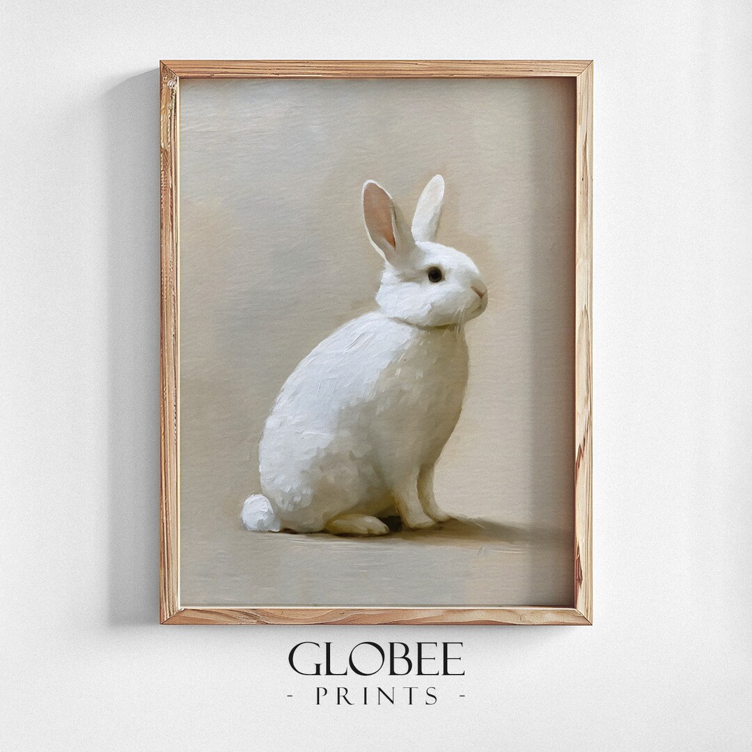 White Bunny Painting on Beige Backdrop Spring Rabbits Decor Vintage ...