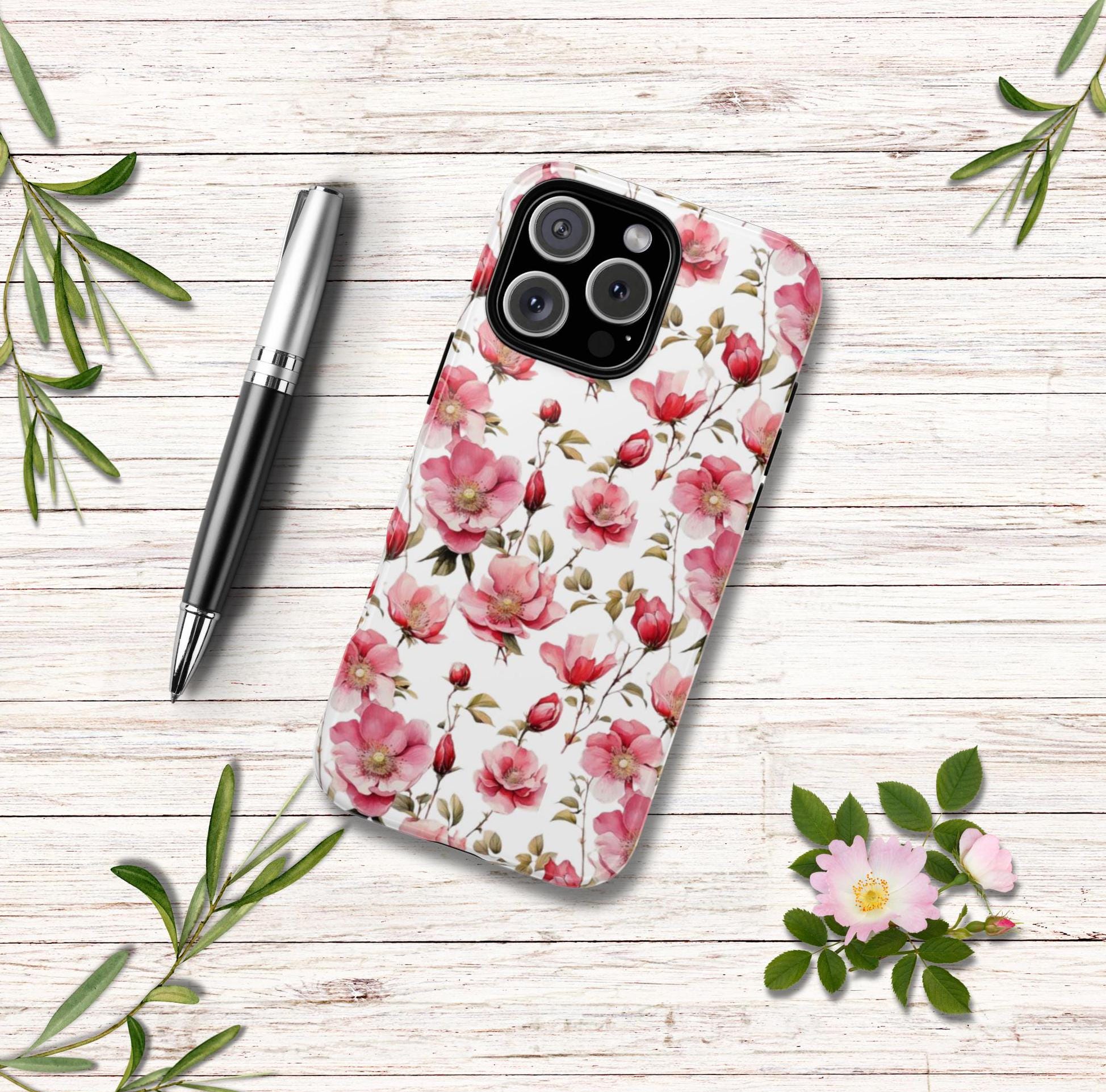 Boho Stylish iPhone 16 Floral Phone Cover, Protective Pink Rose Tough ...
