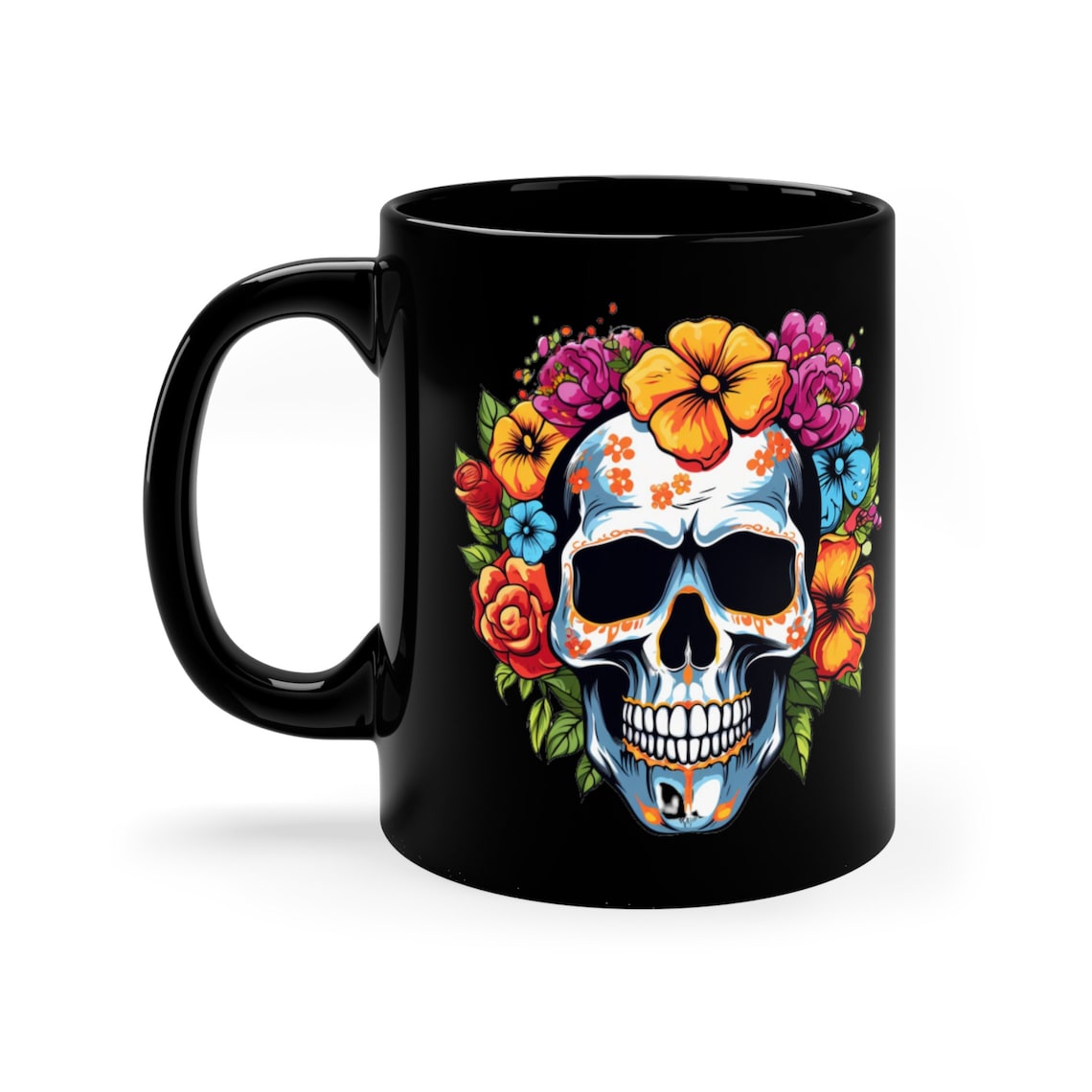 Halloween Flower Skull Mug, Spooky Halloween Skull Mug, Skull and Roses ...