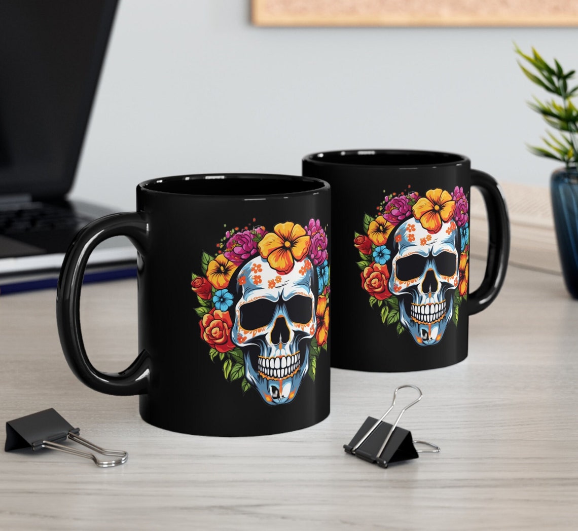 Halloween Flower Skull Mug, Spooky Halloween Skull Mug, Skull and Roses ...