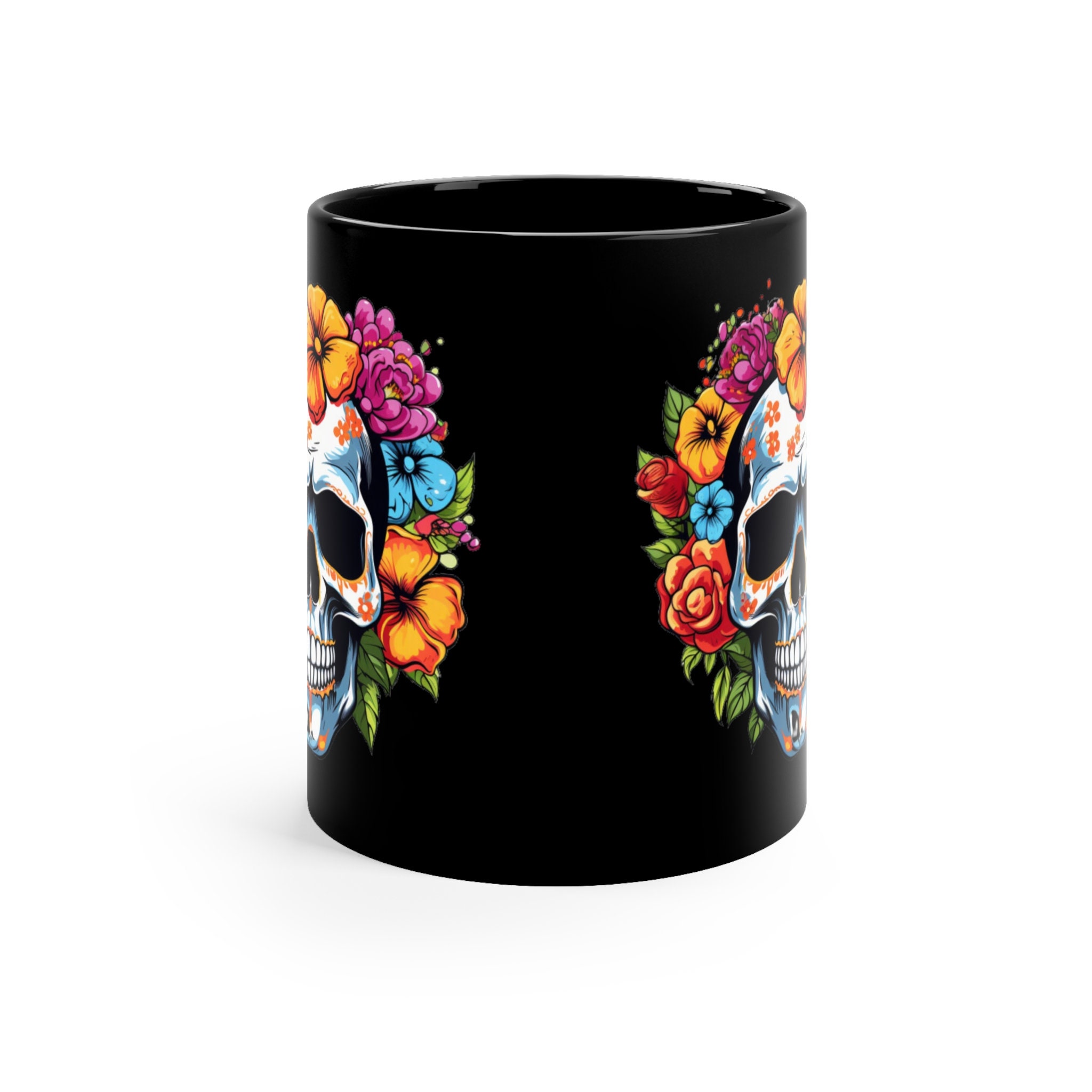 Halloween Flower Skull Mug, Spooky Halloween Skull Mug, Skull and Roses ...