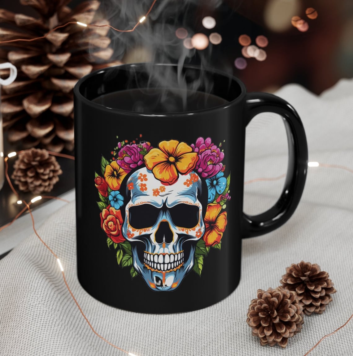 Halloween Flower Skull Mug, Spooky Halloween Skull Mug, Skull and Roses ...