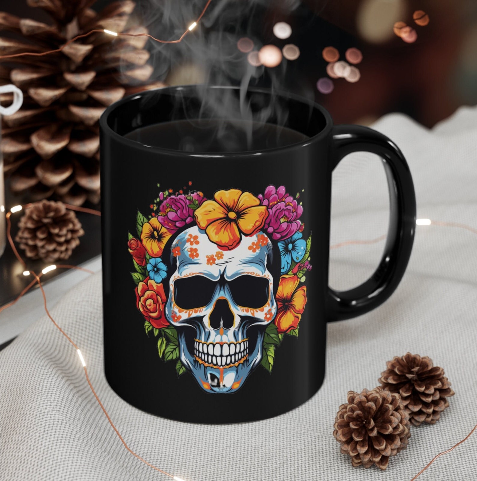 Halloween Flower Skull Mug, Spooky Halloween Skull Mug, Skull and Roses ...