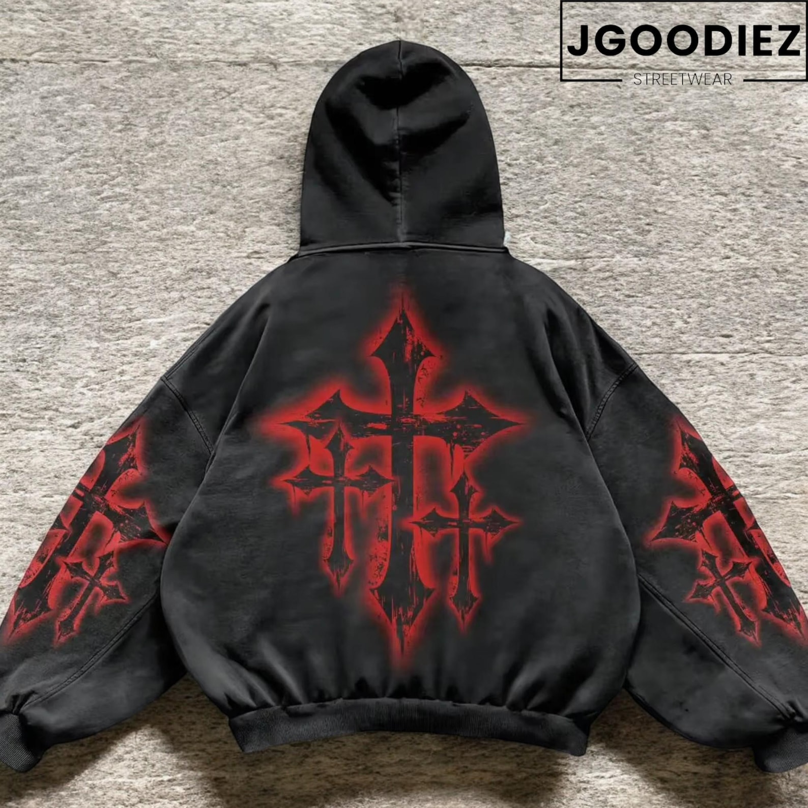 Black Cotton Gothic Cross Print Oversized Hoodie, Graphic Hoodie, Gothic Hoodie, Oversized ...