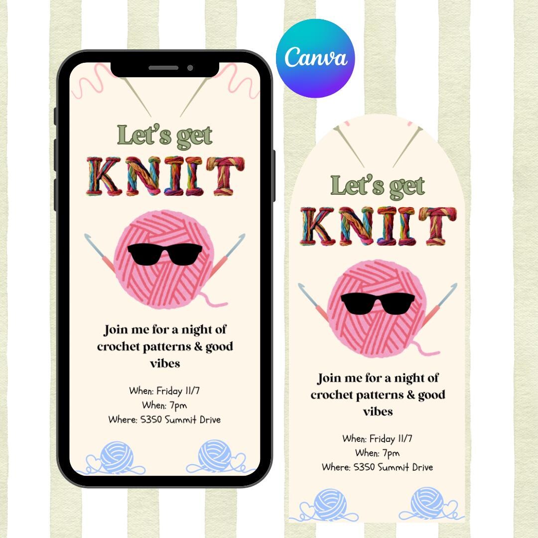 Editable Crochet Party Invite, Knit Party E-vites, DIY Canva Templates ...