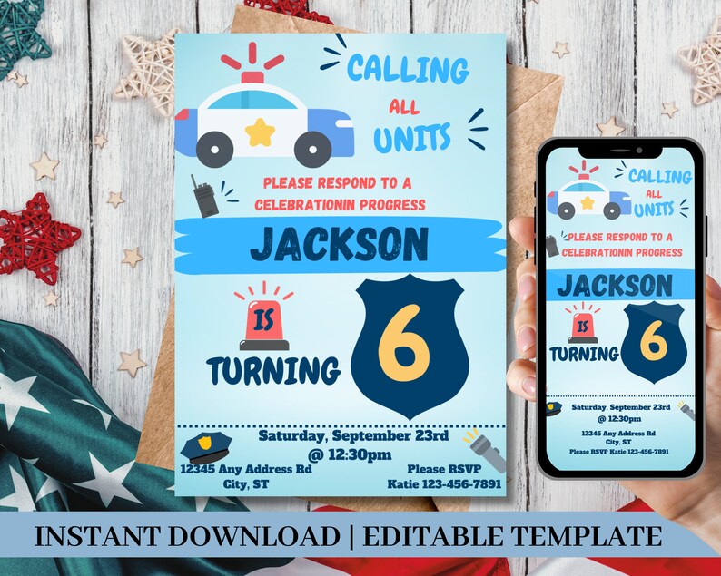 Editable Police Invitation, Police Birthday Invitation, Police Officer ...