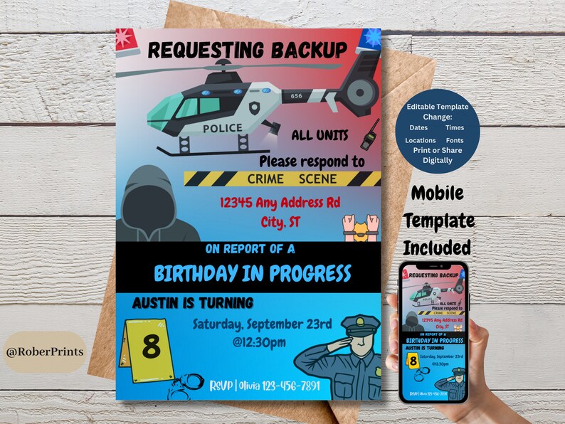 Editable Police Invitation, Police Birthday Invitation, Instant ...