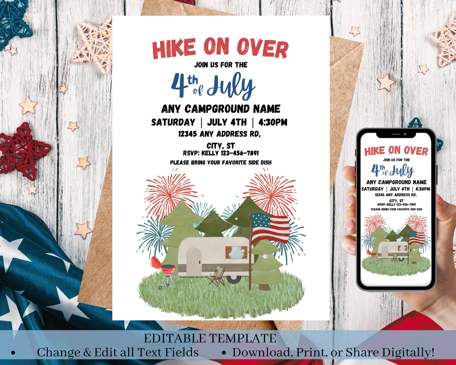 Editable Campground Invite, 4th of July Invite, July 4th, Editable ...