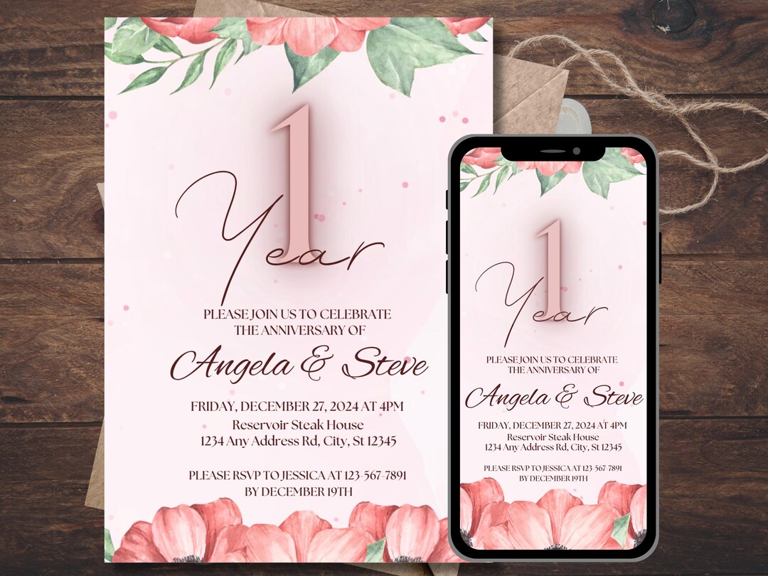 Elegant Floral 1st Anniversary Invitation: Editable Printable Template ...