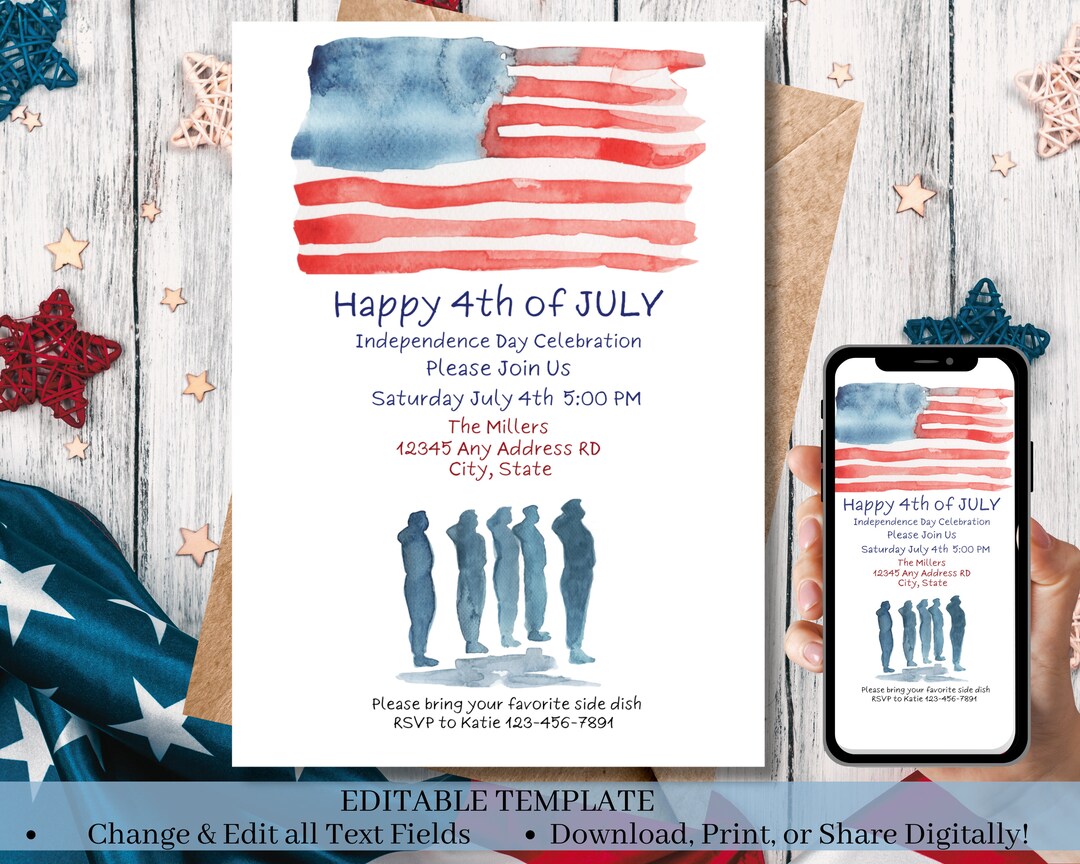Editable 4th of July Invitation, July 4th Party Invite, American Flag ...