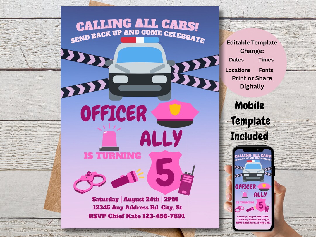 Editable Police Birthday Invitation, Police Girl Birthday, Policewoman ...