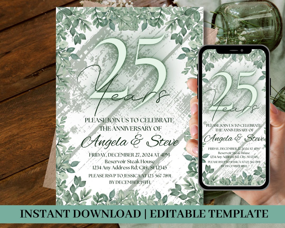 25th Anniversary Invite Printable, Editable Template, Floral ...