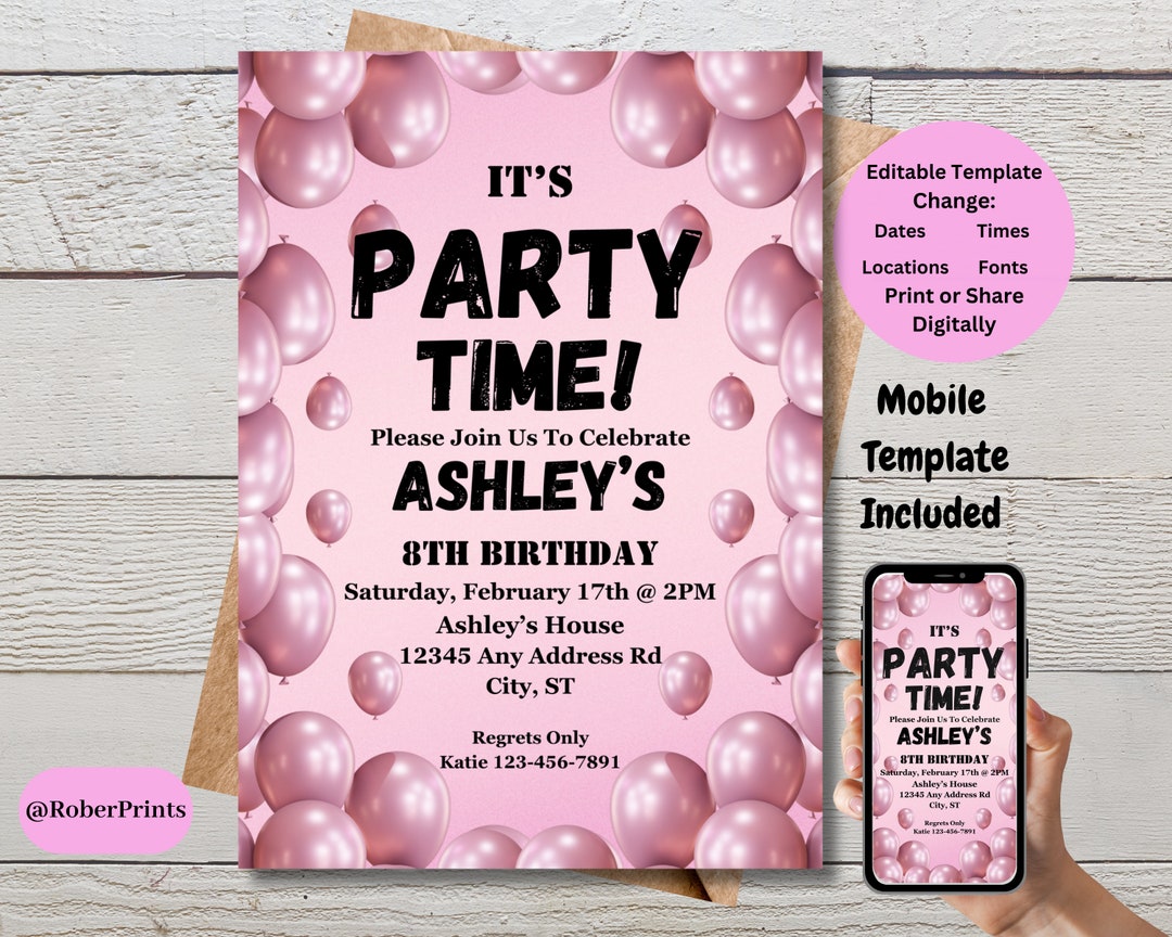Editable Birthday Invitation, Balloon Birthday Invite, Digital Birthday ...