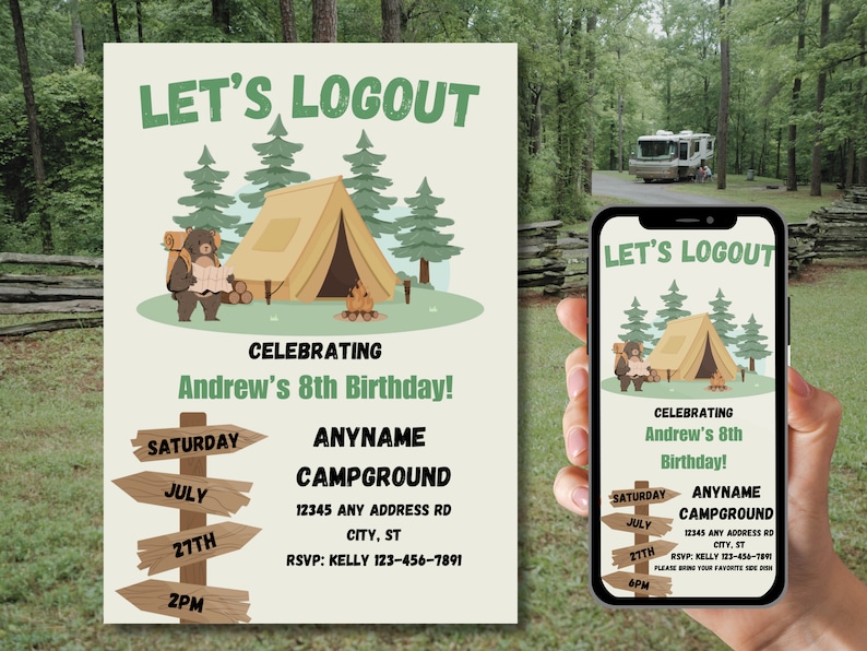 Editable Birthday Invitation, Camping Birthday Invitation, Campground ...