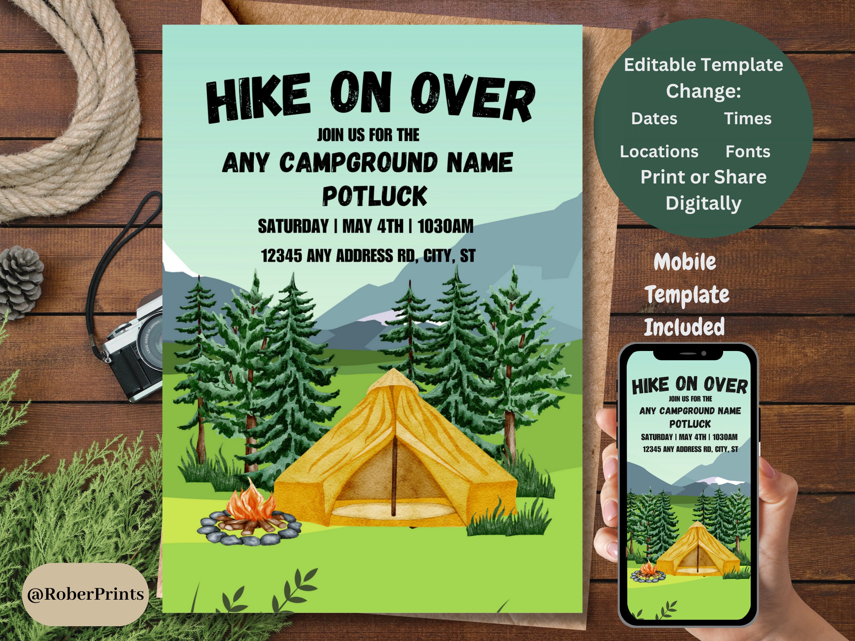 Editable Campground Potluck, Potluck Invite, Editable Template ...