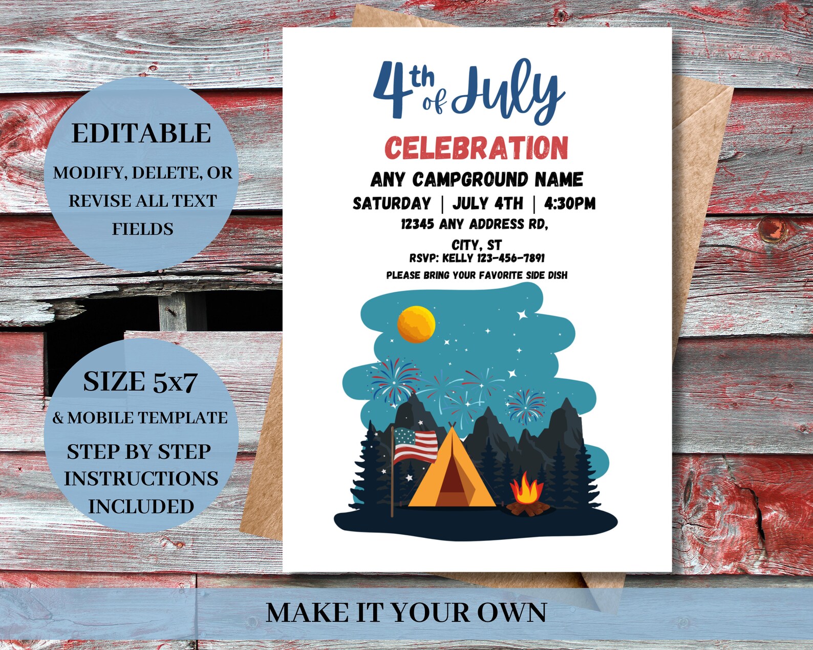 Editable Campground Invite, 4th of July Invite, July 4th, Editable ...
