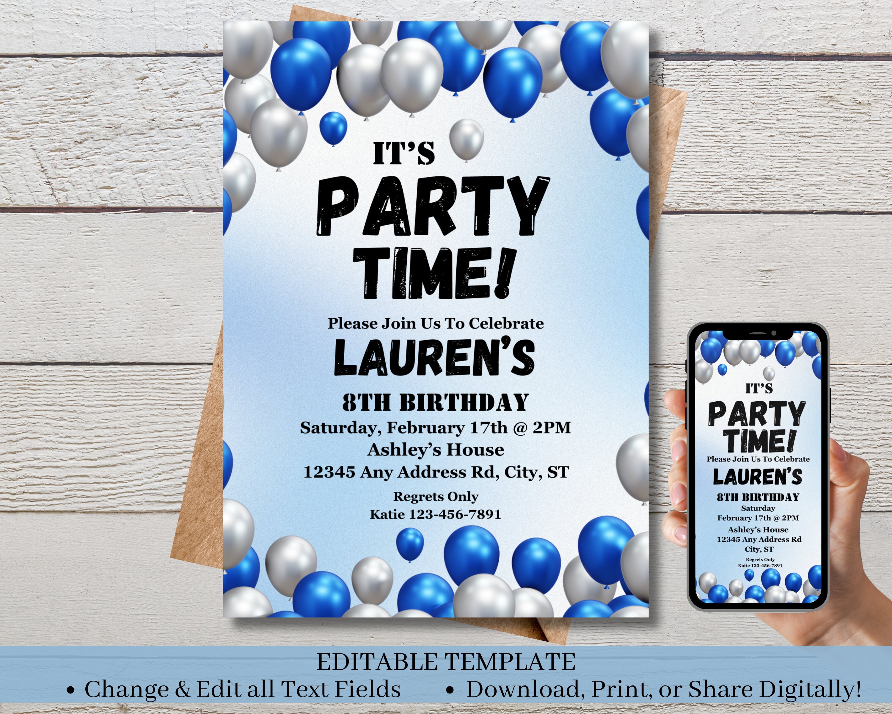 Editable Birthday Invitation, Balloon Birthday Invite, Digital Birthday ...