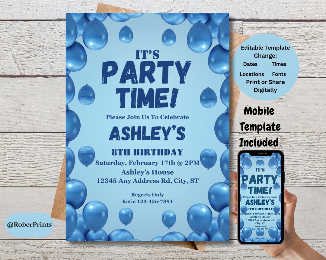 Editable Birthday Invitation, Balloon Birthday Invite, Digital Birthday ...