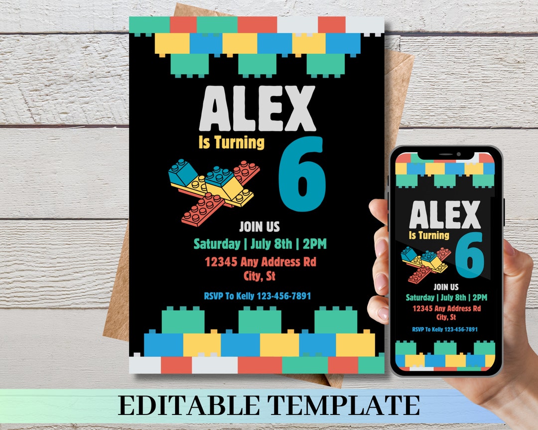 Editable Building Blocks Birthday Invite, Building Bricks, Block Party ...