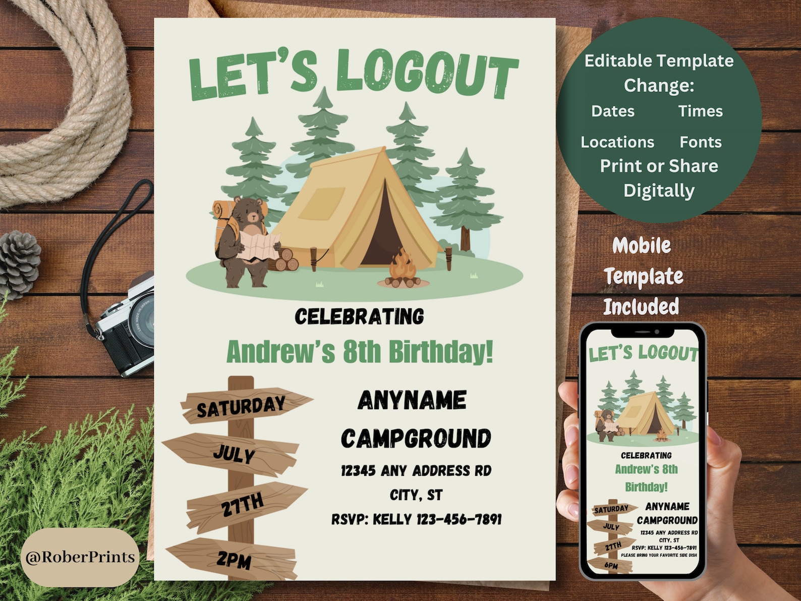 Editable Birthday Invitation, Camping Birthday Invitation, Campground ...