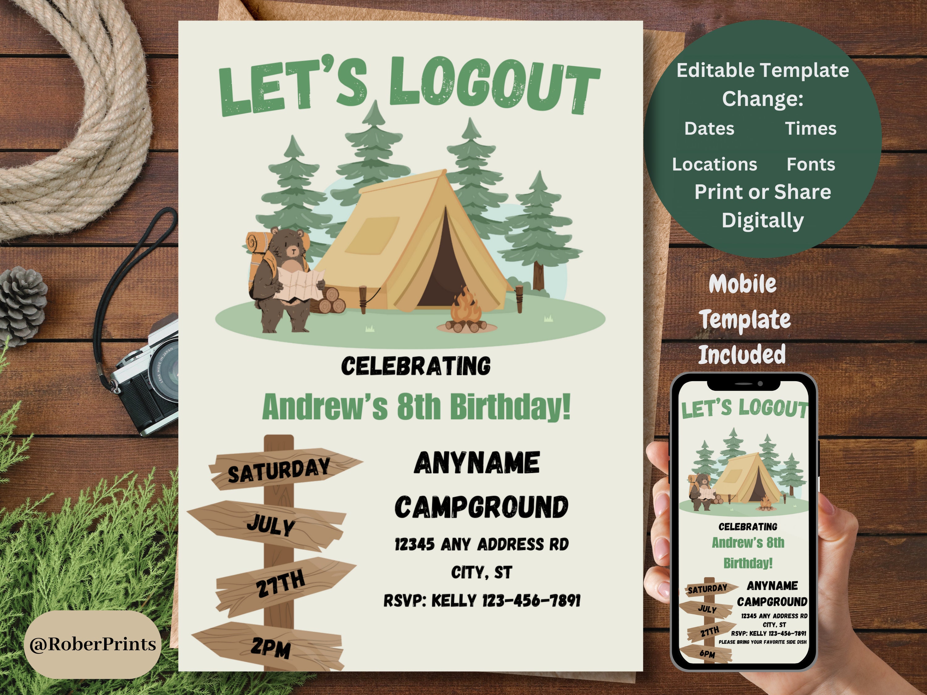 Editable Birthday Invitation, Camping Birthday Invitation, Campground ...
