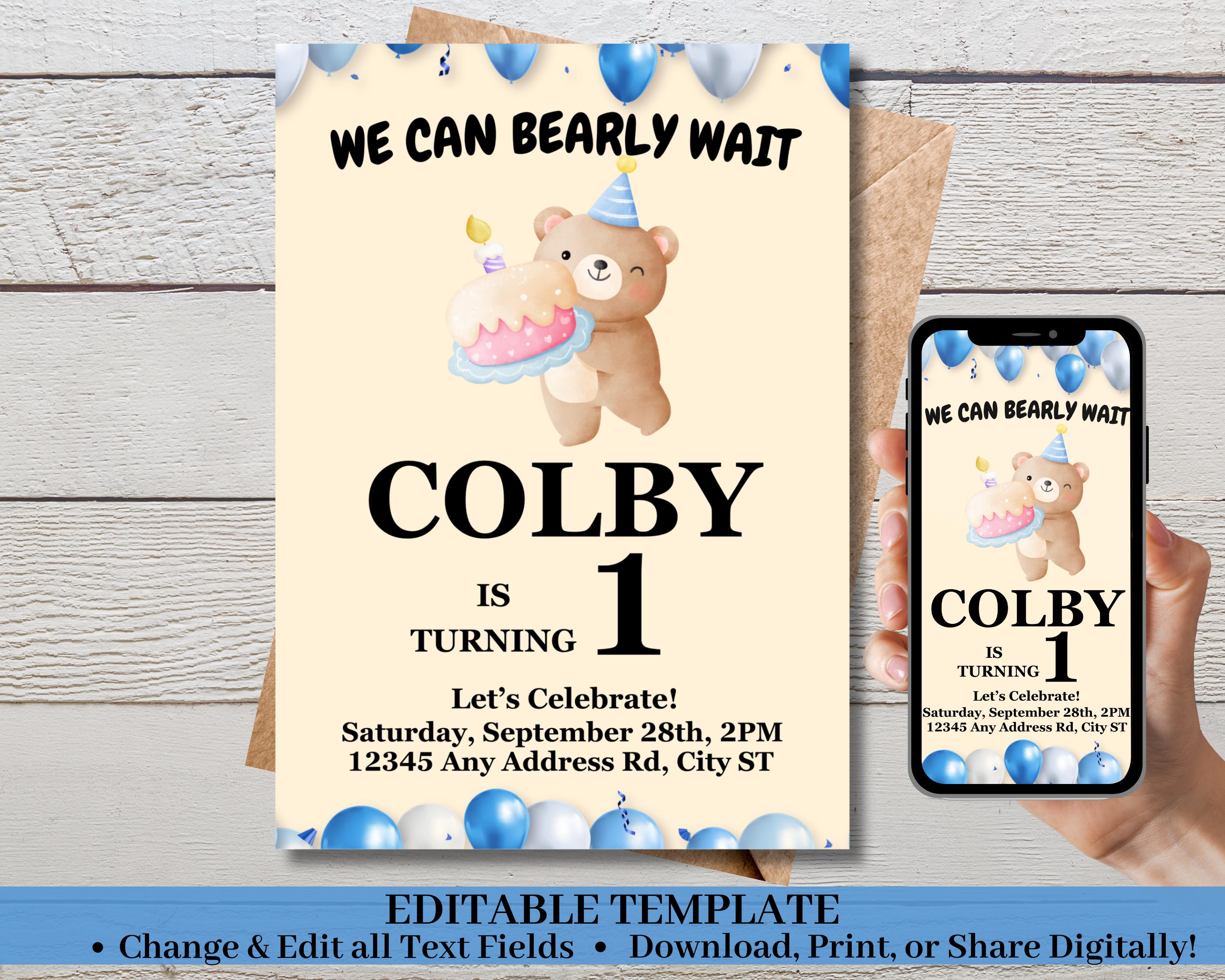 1st Birthday, Editable Birthday Invitation, Digital Birthday Template ...