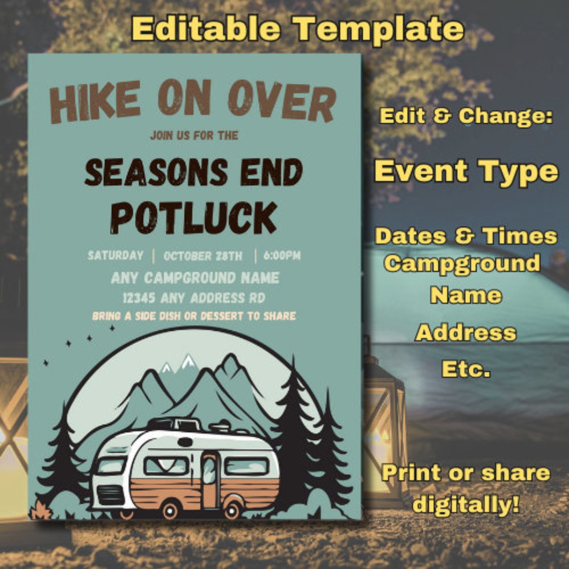 Editable Campground Potluck, Potluck Invite, Editable Template ...