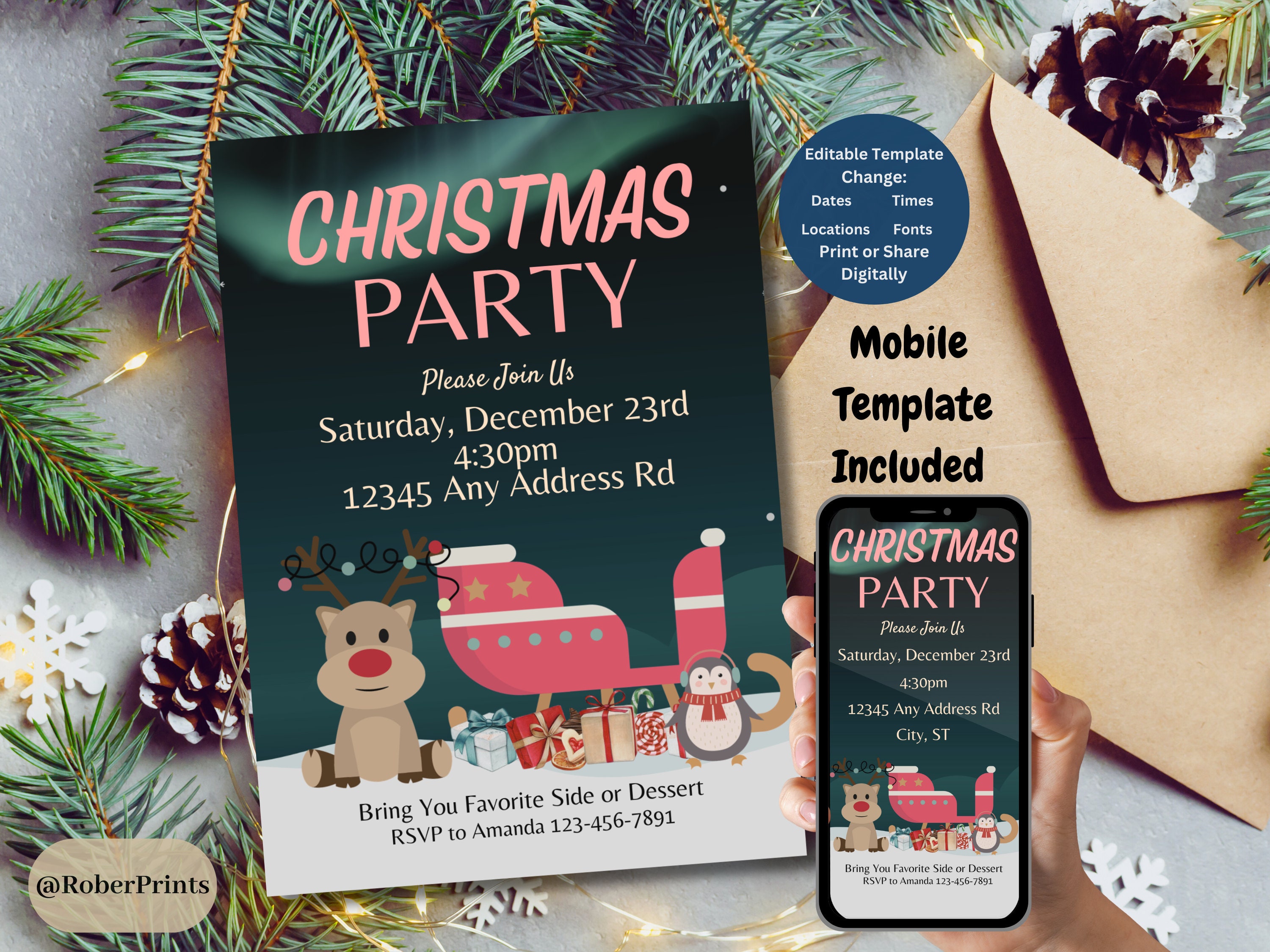 Editable Christmas Invitation, Printable Christmas Invitation, Digital ...