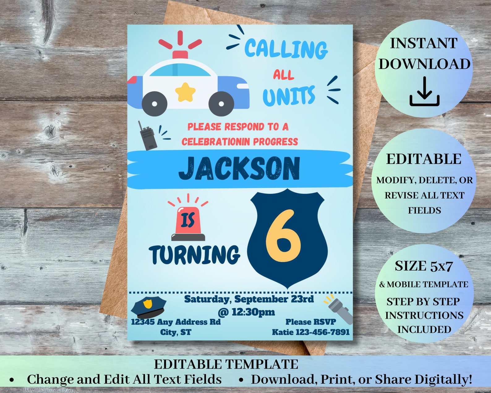 Editable Police Invitation, Police Birthday Invitation, Police Officer ...