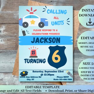 Editable Police Invitation, Police Birthday Invitation, Police Officer ...
