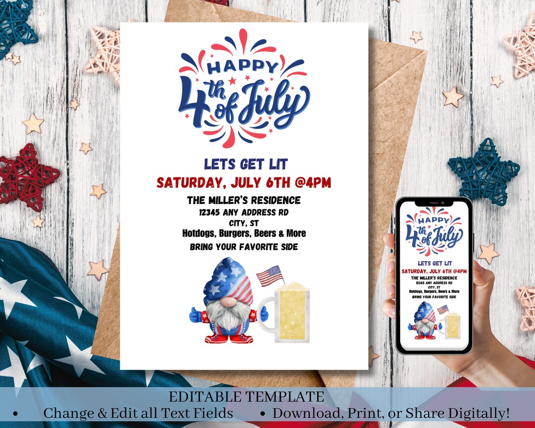 Editable 4th of July Invitation, July 4th Party Invite, July Fourth ...