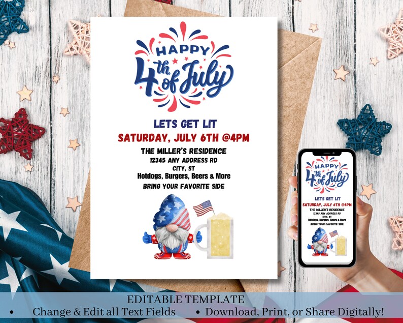Editable 4th of July Invitation, July 4th Party Invite, July Fourth ...