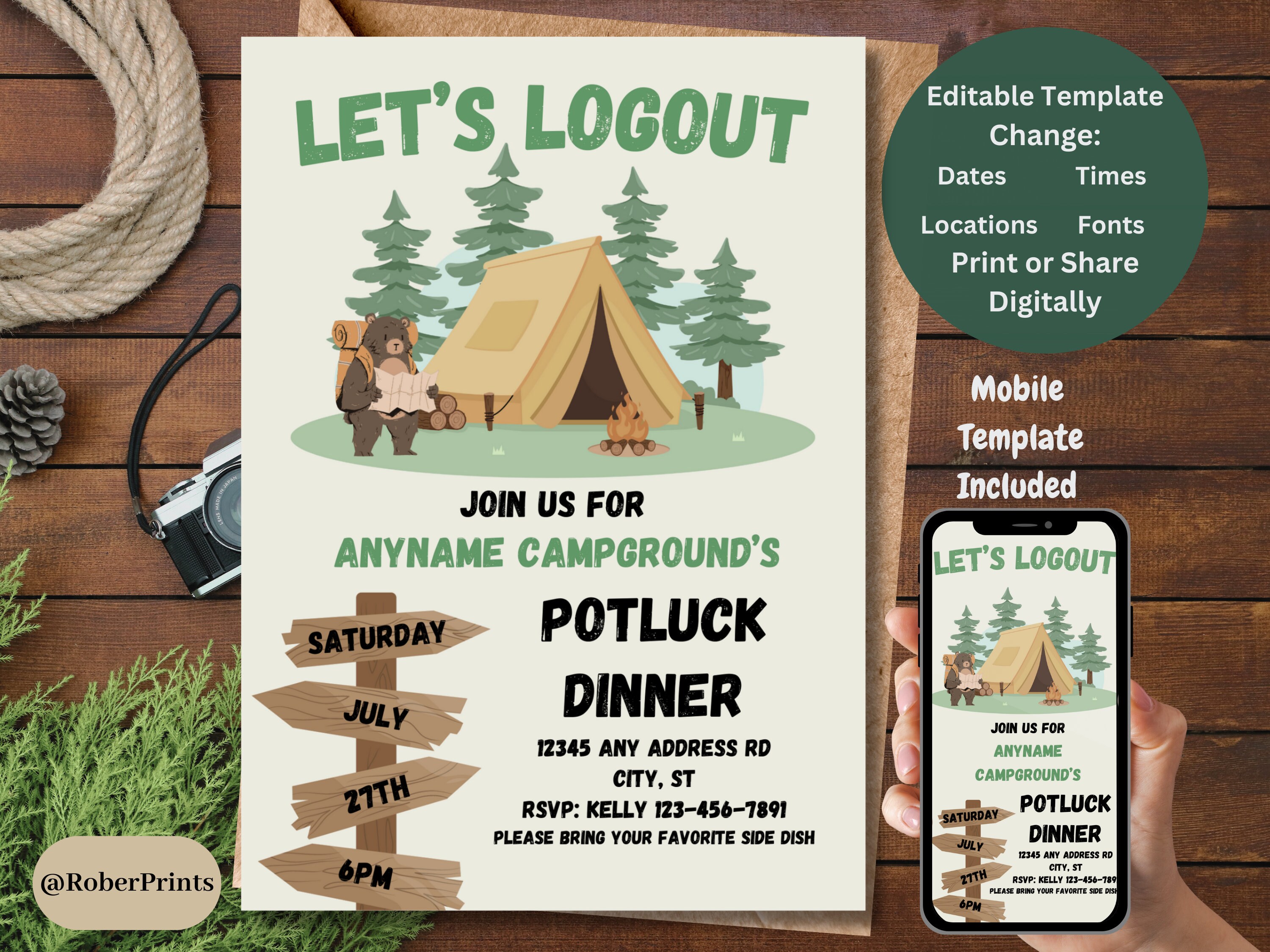 Editable Campground Potluck, Potluck Invite, Editable Template ...