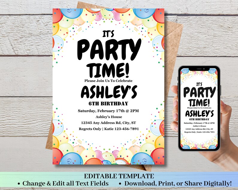 Editable Birthday Invitation, Balloon Birthday, Editable Invitation ...