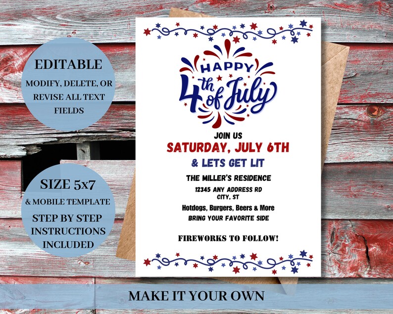 Editable 4th of July Invitation, July 4th Party Invite, July Fourth ...