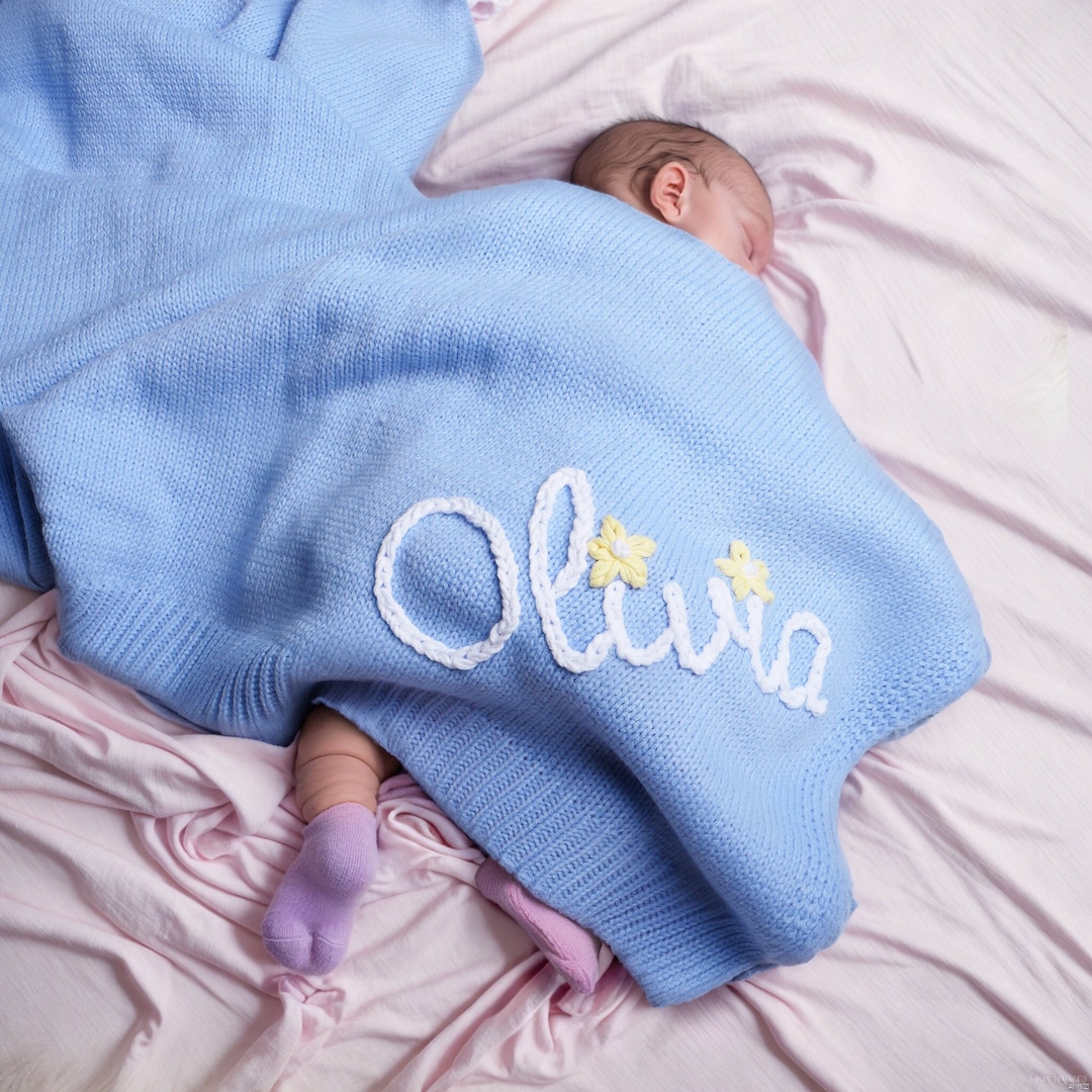 Personalized Hand Embroidered Knit Baby Blanket With Name,stroller ...