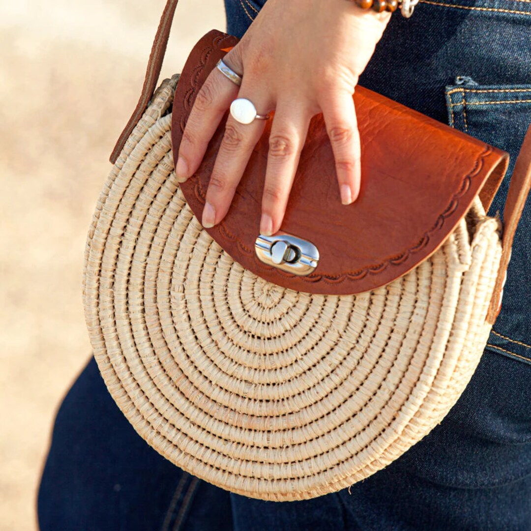 Raffia and Genuine Leather Round Bag - Etsy