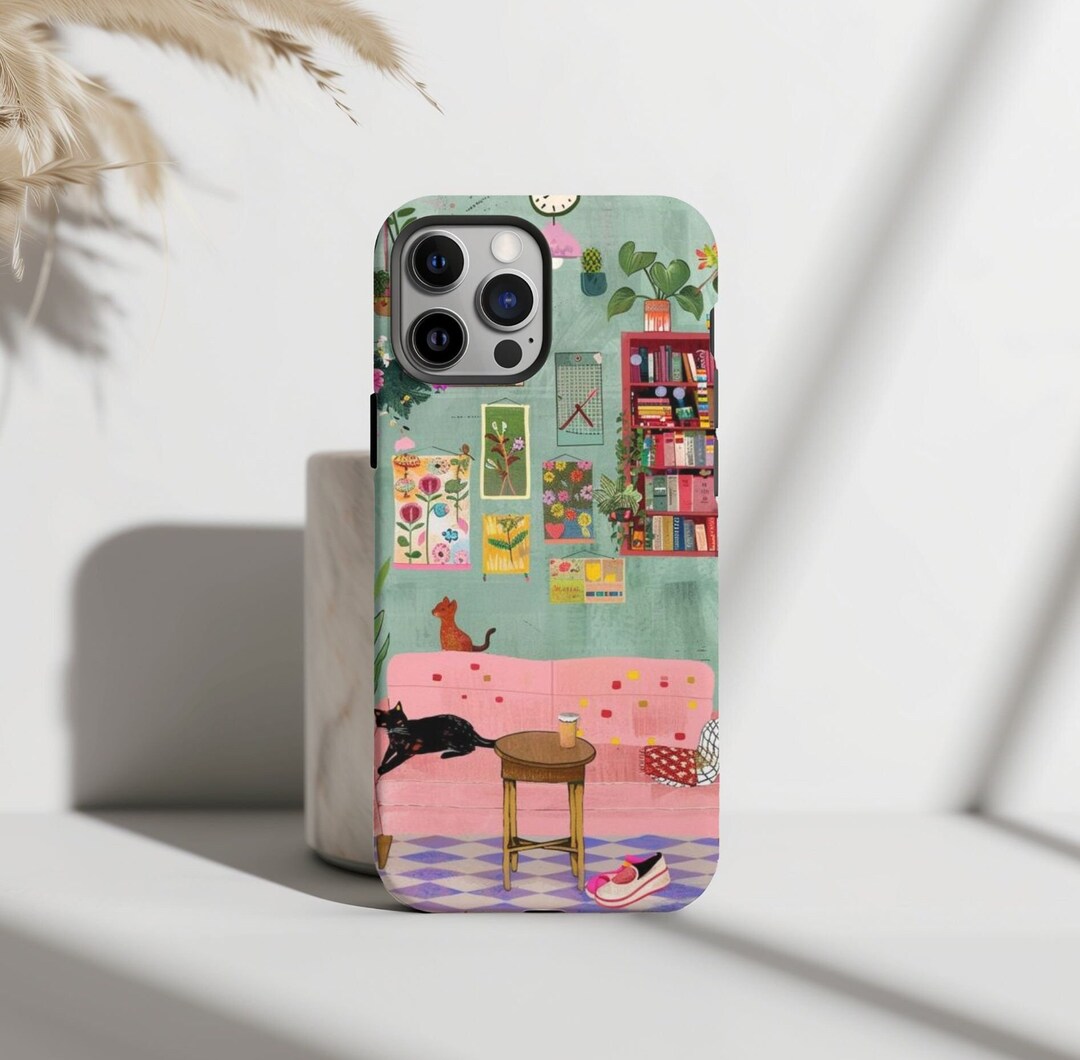 Cozy Cat Bookshelf, Living Room Decor Print Booklover Phone Case for ...