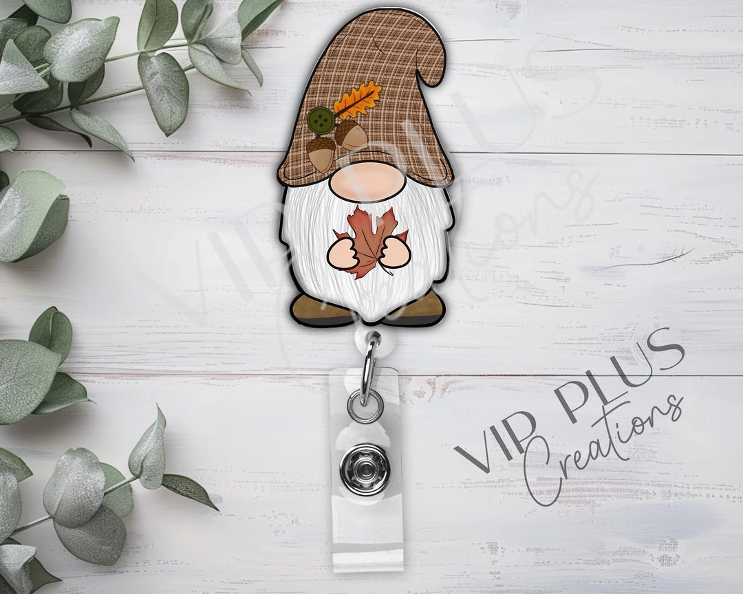 Cute Gnome Badge Reels, Gnome With Leaf Badge, Fall Hospital ID Badge ...