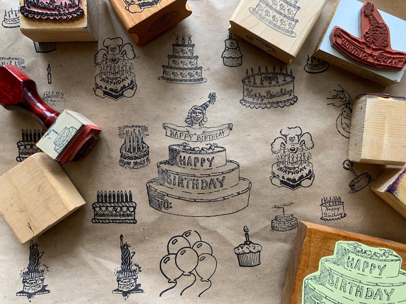 Vintage Happy Birthday Cake Wood Rubber Stamp for Card Making Baloon ...