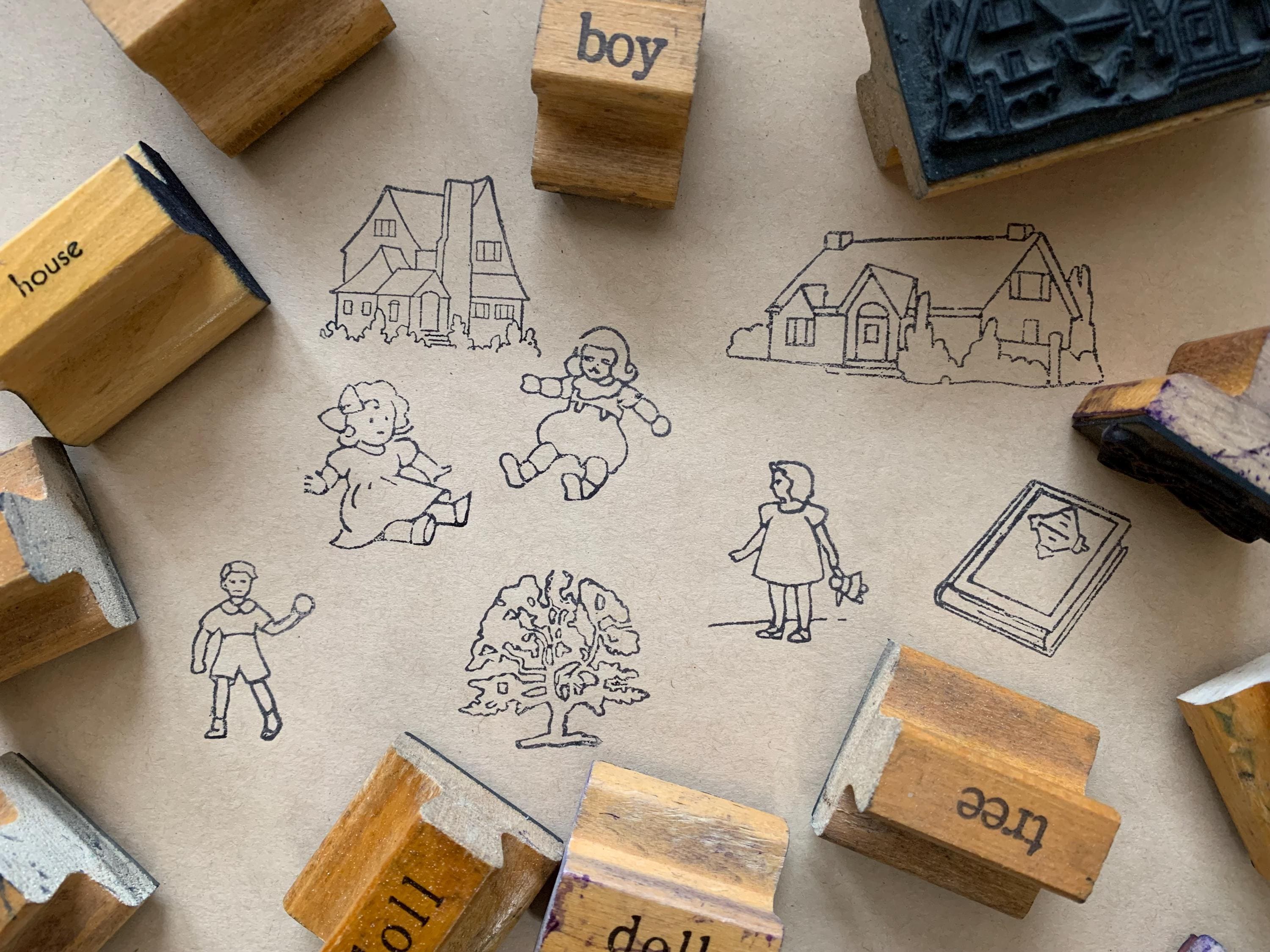 Vintage Wood Stamps Vintage People Stamps Girl Boy Stamp School Prints ...