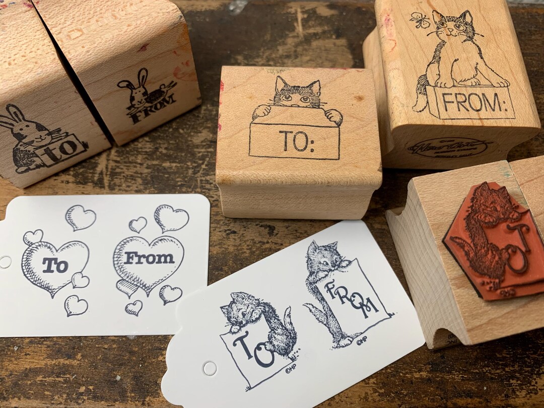 Vintage Wood Cartoon Rubber Stamp Animal Cat Hearts Happy Mail Wood ...