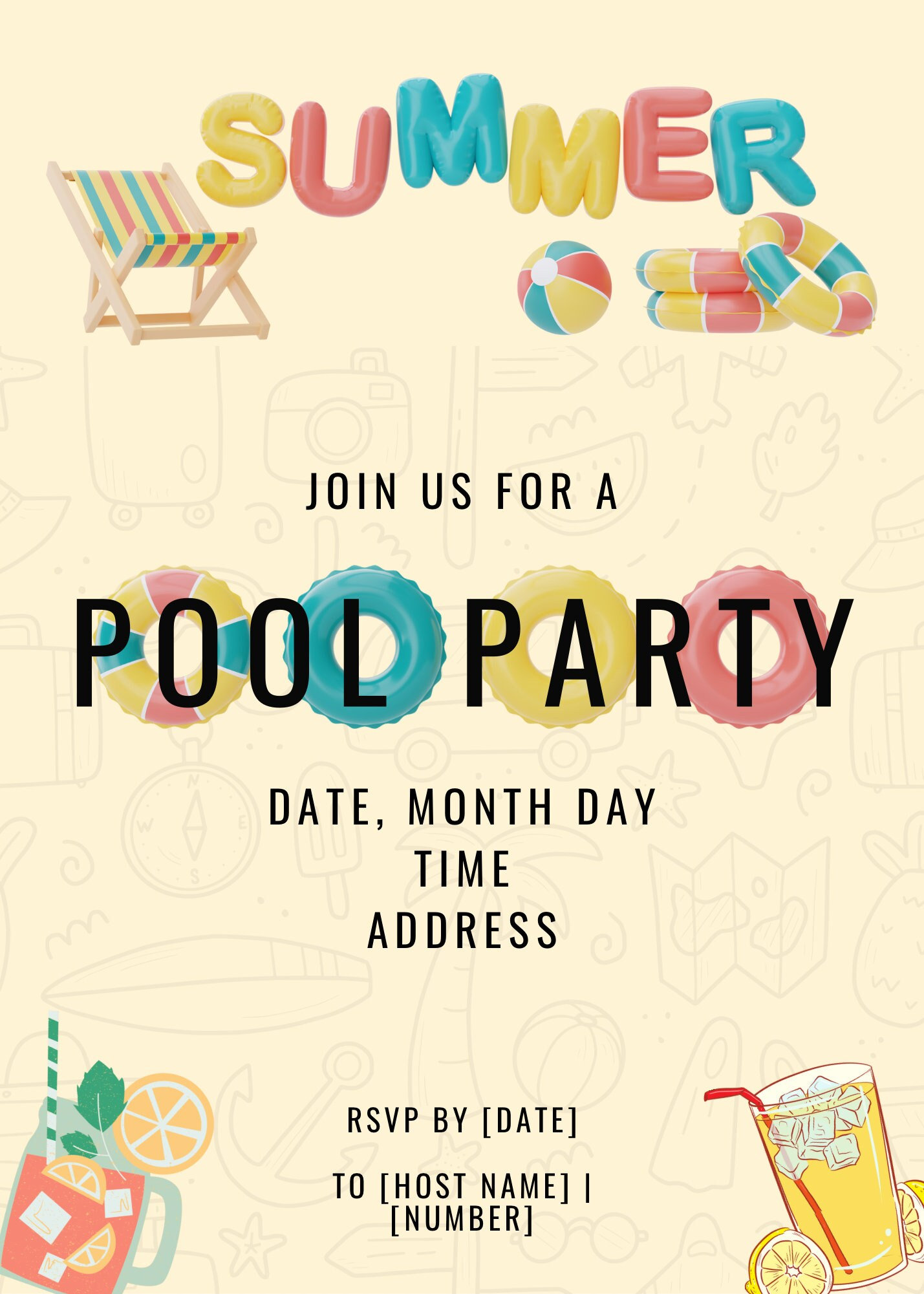 Summer Party Invitation Template Digital Download Customizable - Etsy