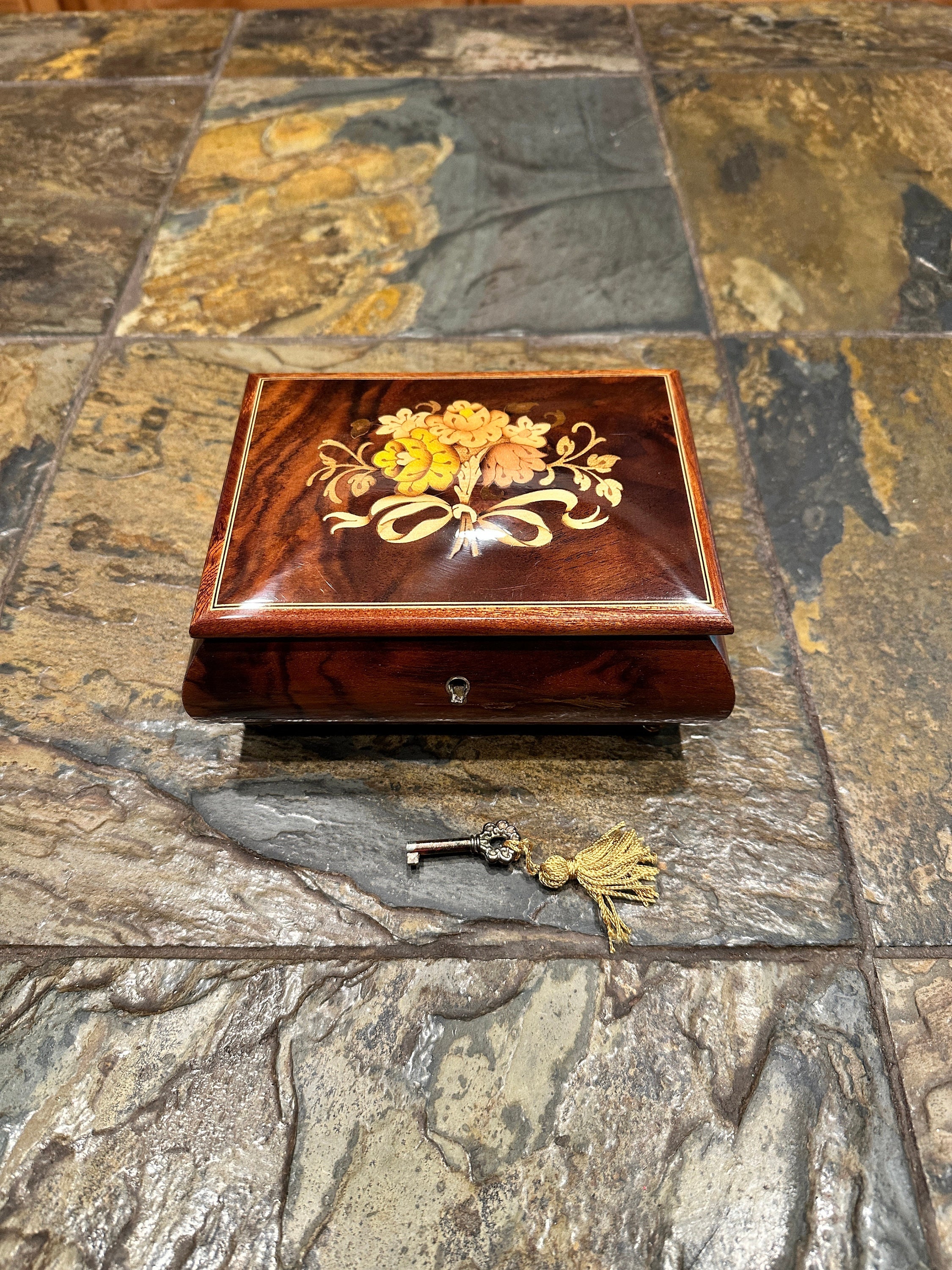 Vintage Reuge Wooden Jewelry Music Box With Floral Inlay - Made in ...