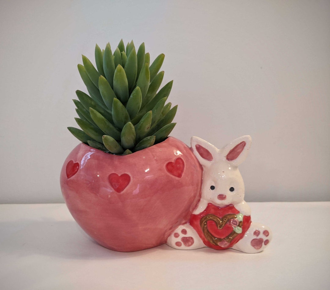 Heart Rabbit Vase, Small Flower Bunny Ceramic Planter, Perfect Cute ...
