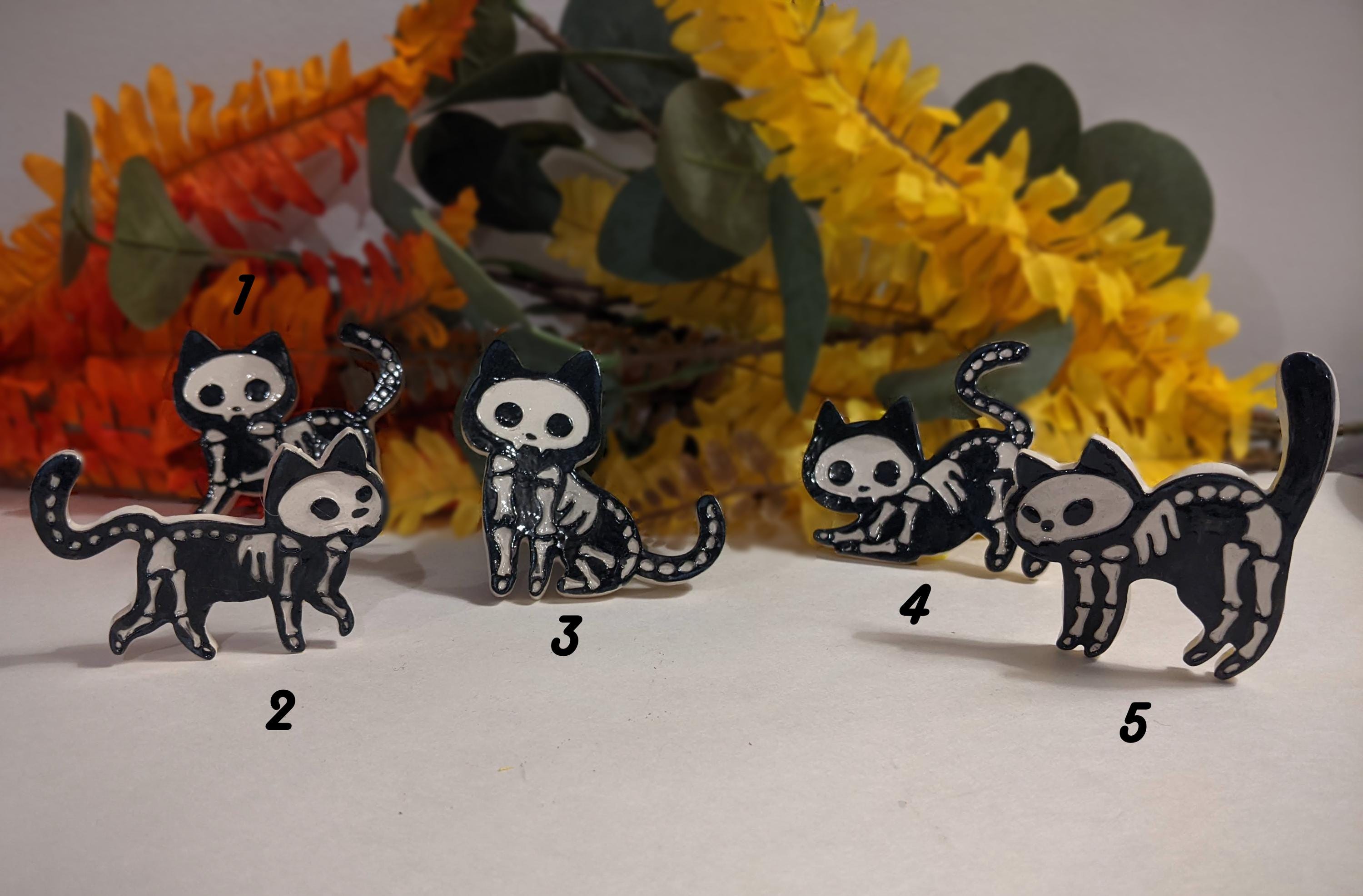 Ceramic Skeleton Cat Fridge Magnets – Handmade Halloween Decor, Spooky ...
