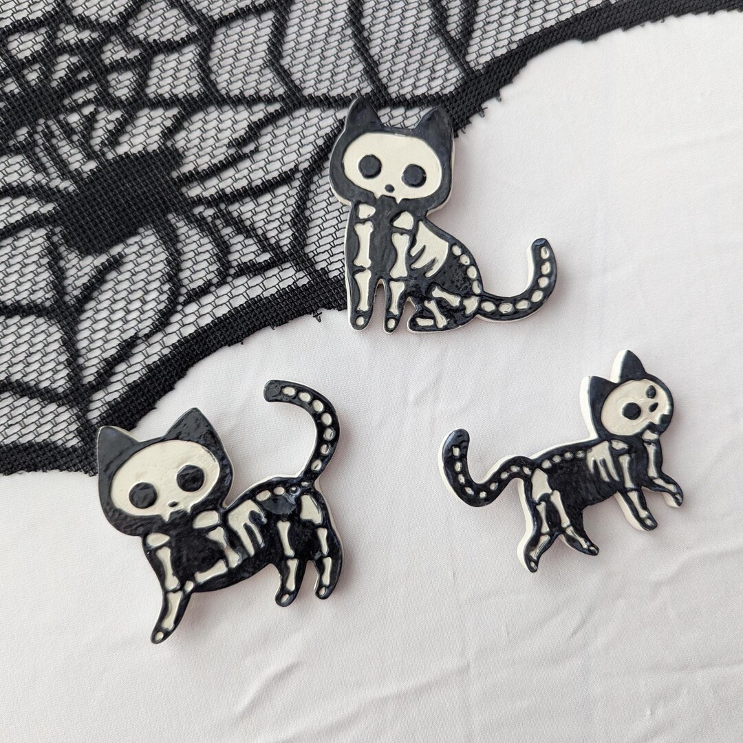 Ceramic Skeleton Cat Fridge Magnets – Handmade Halloween Decor, Spooky ...